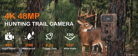 4K 48MP Trail Camera, IP66 Waterproof, Night Vision, Motion Activated ...